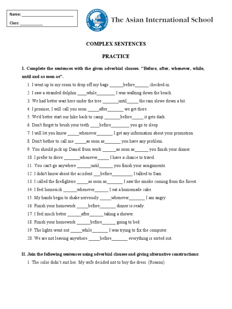Complex Sentences Practice | PDF