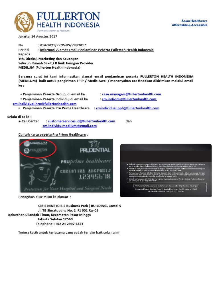 Informasi Alamat Email Penjaminan Peserta Fullerton Health Indonesia | PDF