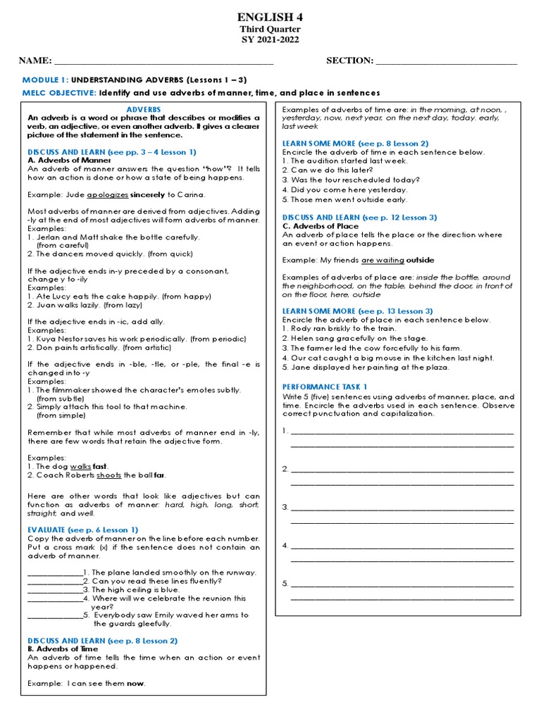 Q3 English Worksheets Week 1 4 From Module | PDF | Adverb | Adjective