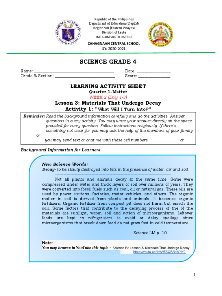 Science Grade 4: Learning Activity Sheet Lesson 3: Materials That ...