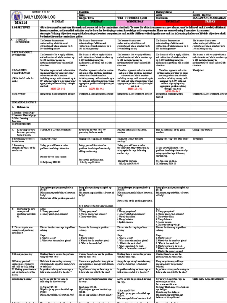 DLL Math Week 8 Quarter 2 Grade 1 | PDF | Curriculum | Differentiated ...