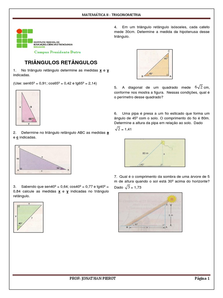 Exercício Trigonometria No TriângulO Retângulo | PDF | Trigonometria ...