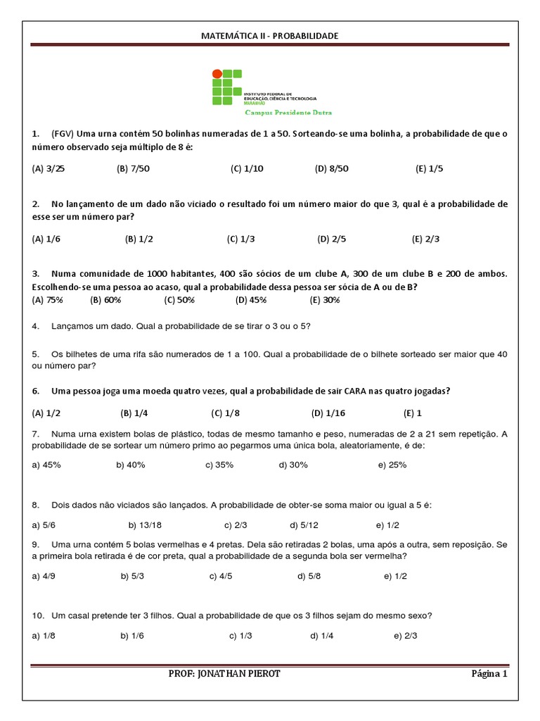 Exercícios de Probabilidade para Alunos | PDF | Probabilidade | Matemática