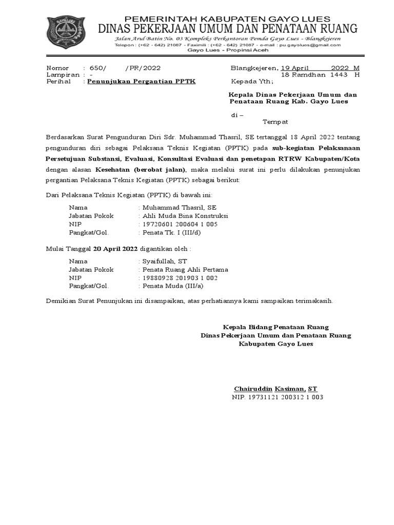 Surat Penunjukan PPTK | PDF