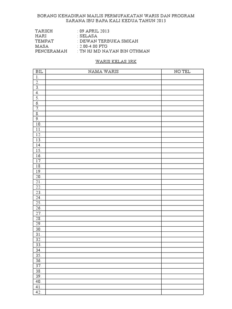 BORANG KEHADIRAN PROGRAM SARANA IBU BAPA KALI Kedua TAHUN 2013 | PDF