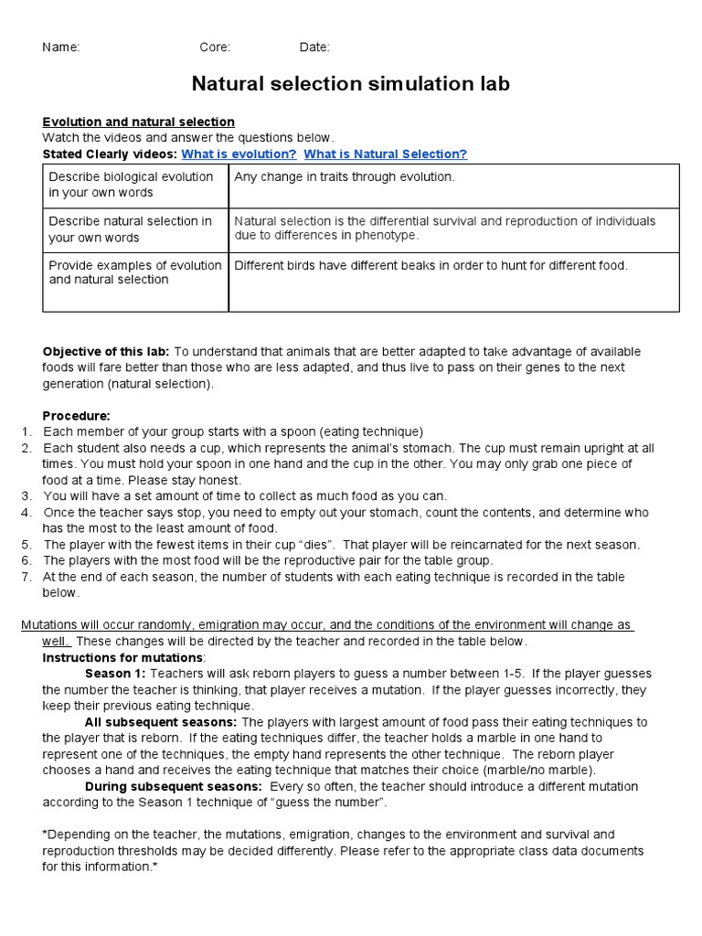 2a. Natural Selection Simulation Lab | PDF | Evolution | Natural Selection