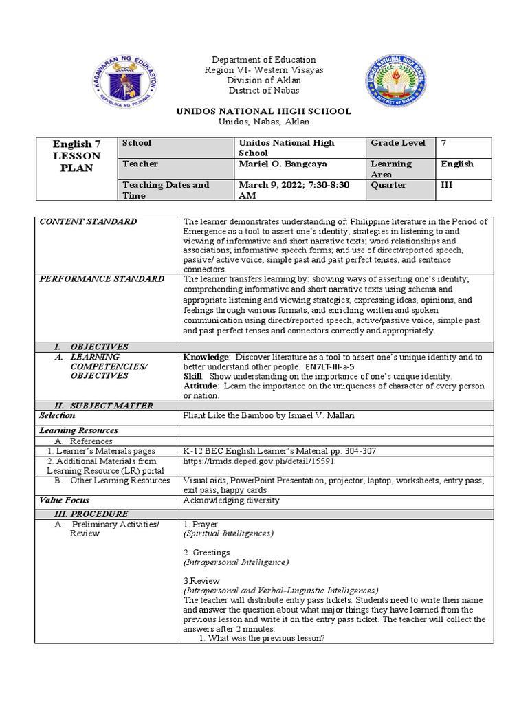 COT LESSON PLAN THIRD QUARTER PlianT Like The Bamboo March 2022 | PDF ...