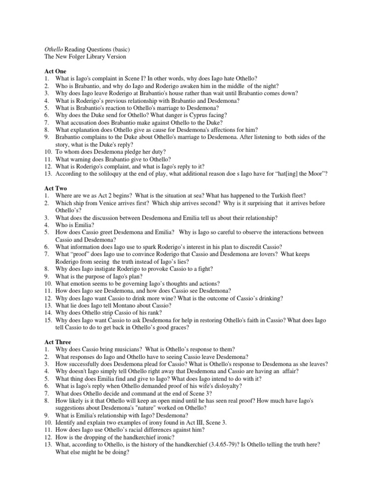 Act One: Othello Reading Questions (Basic) | PDF | Othello | Iago