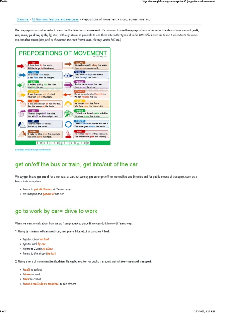 30-Prepositions of Movement - Along, Across, Over, Etc. | PDF