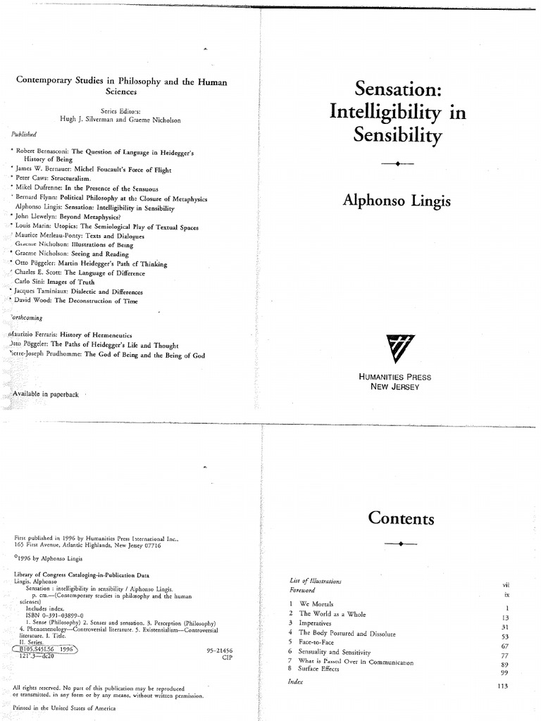 Lingis Sensation Intelligibility in Sensibility | PDF | Foreign ...