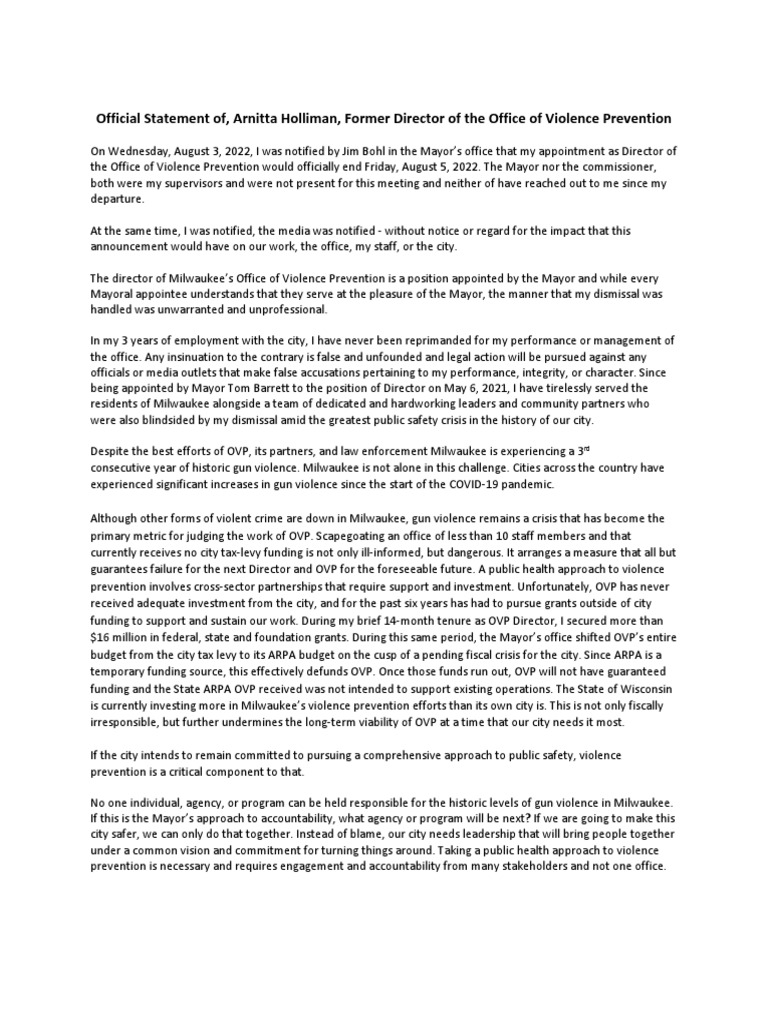 Official Statment of - Arnitta Holliman - Former Milwaukee OVP Director ...