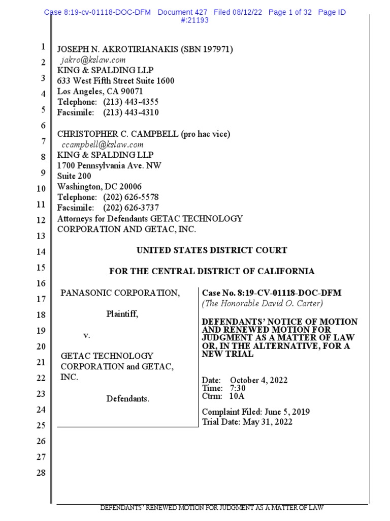 Getac Motion For JNOV | PDF | Patent Infringement | Prior Art