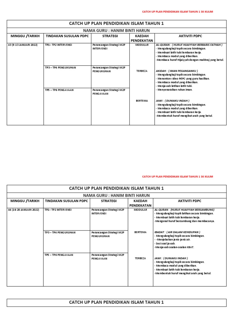 Catch Up Plan Pendidikan Islam Tahun 1 | PDF