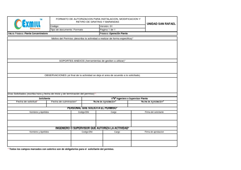 Formato de Permiso de Retiro de Grating y Barandas | PDF