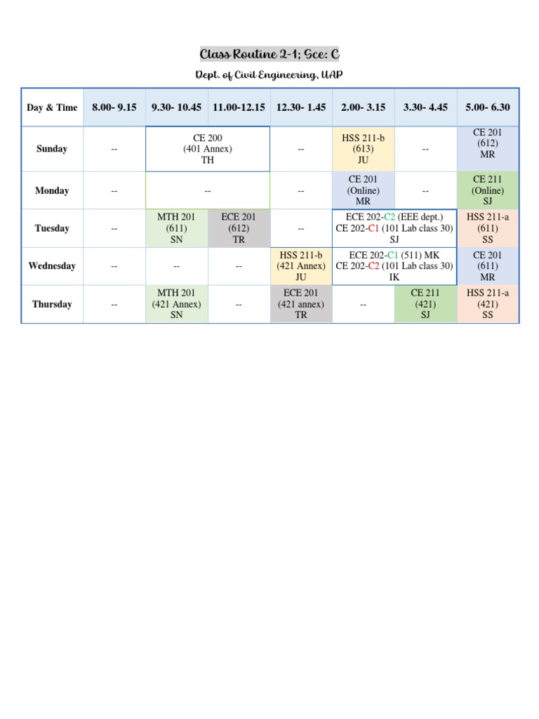 Class Routine 2-1 Sce: C: Dept. of Civil Engineering, UAP | PDF