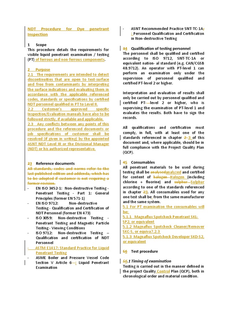 NDT Procedure For Dye Penetrant Inspection: 1 Scope Qualification of ...