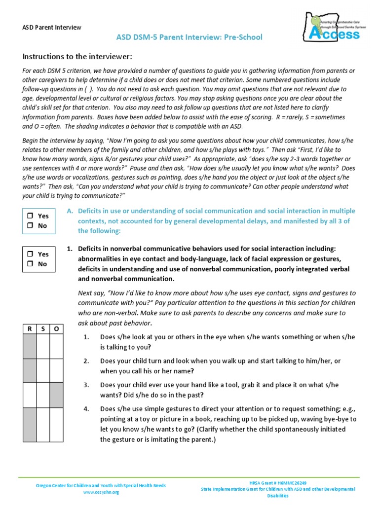 ASD DSM-5 Parent Interview (Pre-K) - NEW | PDF