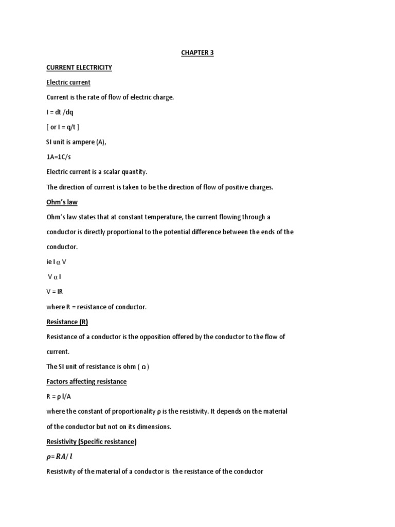 Current Electricity Notes | PDF | Electrical Resistance And Conductance ...