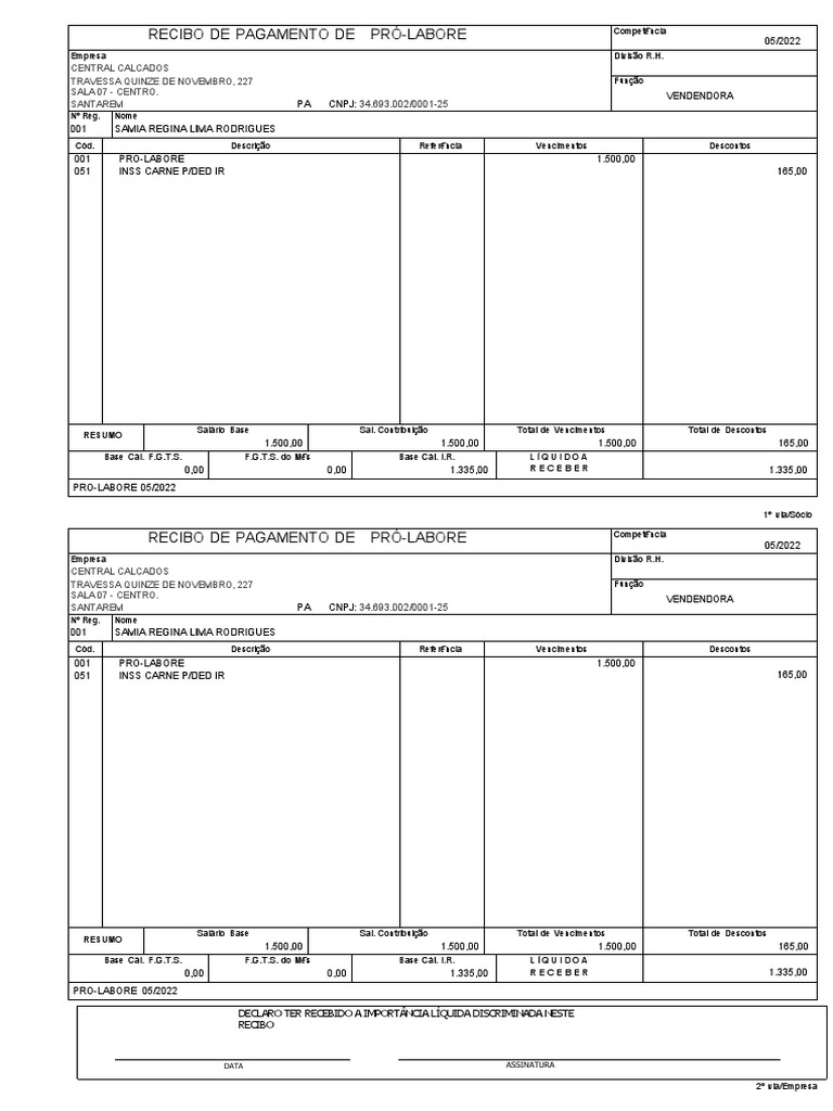 Recibo de pagamento de Pró-Labore de Samia Regina Lima Rodrigues pela ...