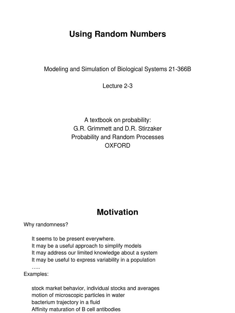 Using Random Numbers: Modeling and Simulation of Biological Systems 21-366B | PDF | Eigenvalues ...