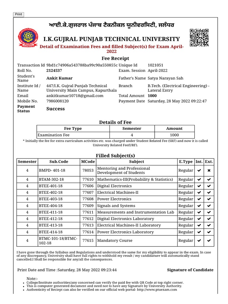Payment Slip PTU EXAM | PDF | Debit Card | Payments