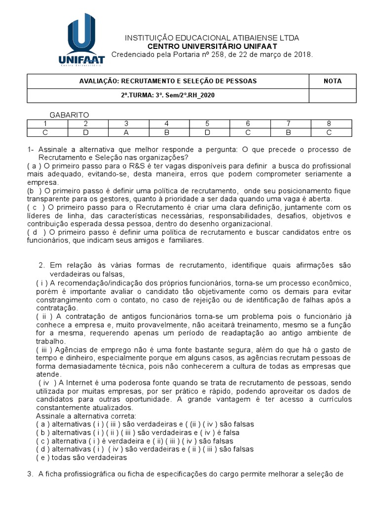 Prova RH | PDF | Recrutamento | Gestão de recursos humanos
