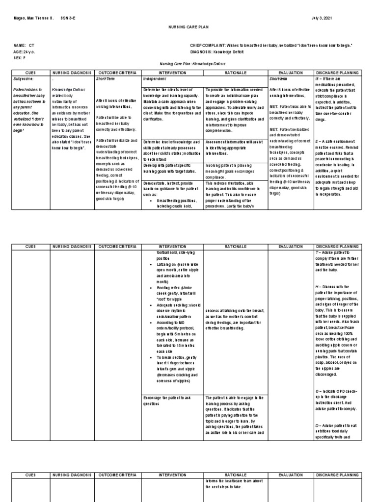 Nursing Care Plan: Knowledge Deficit | PDF | Breastfeeding | Bleeding