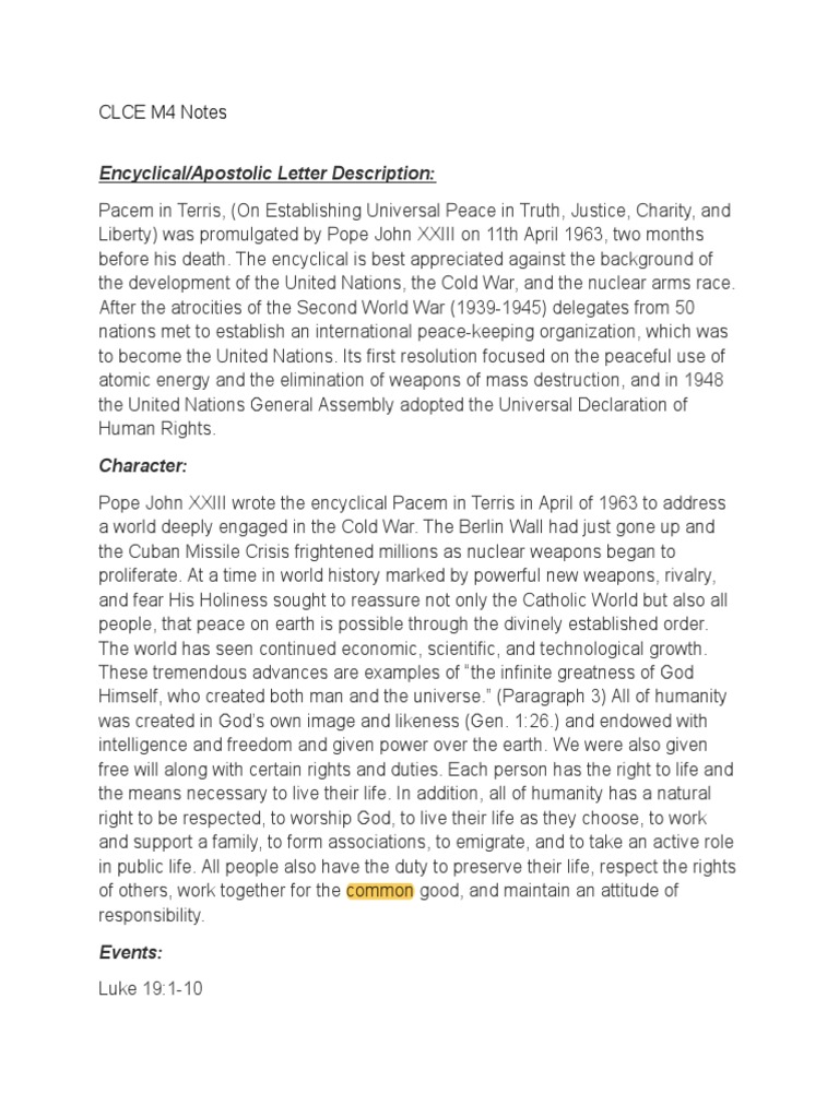 Encyclical/Apostolic Letter Description:: CLCE M4 Notes | PDF ...