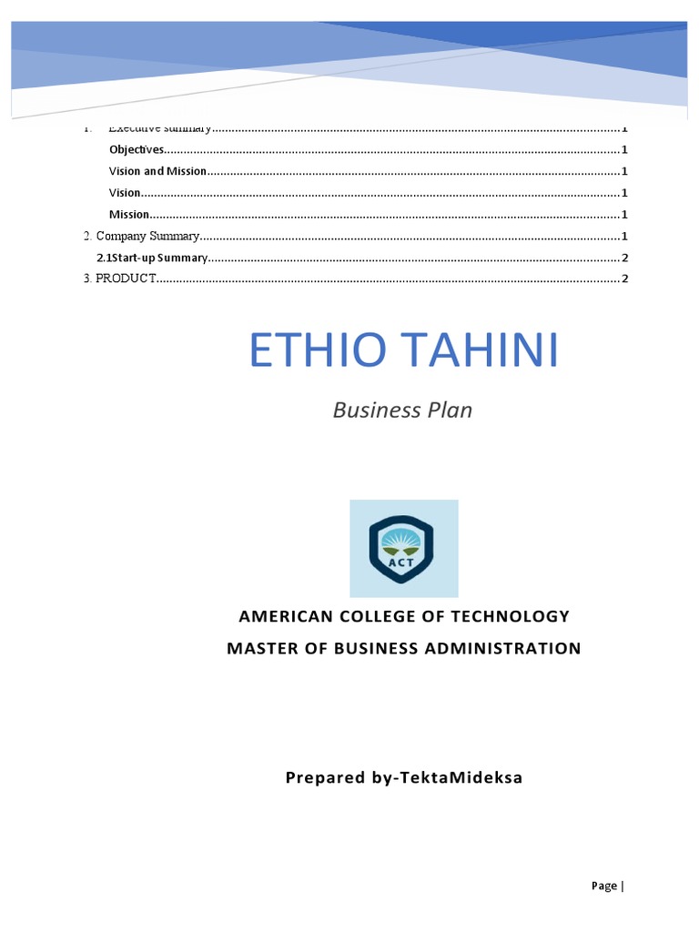 Ethio Tahini PLC Business Plan | PDF | Expense | Sesame