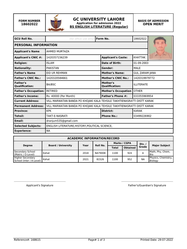 GC University Lahore: 18602022 Bs English Literature (Regular) Open ...