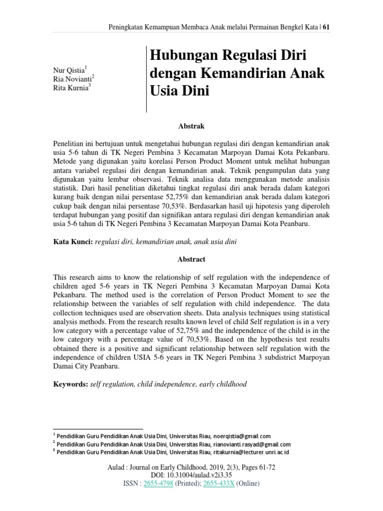 Hubungan Regulasi Diri Dengan Kemandirian Anak Usi | PDF