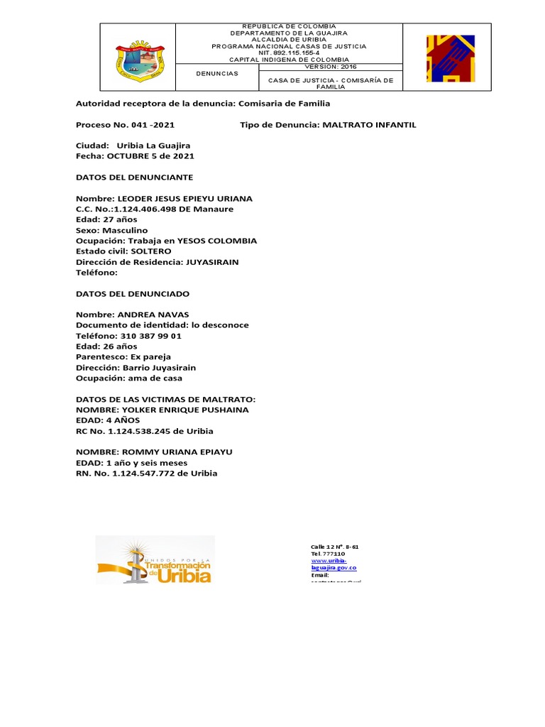 Denuncia Violencia Intrafamiliar Lilibeth Gonzalez 2021 | PDF ...