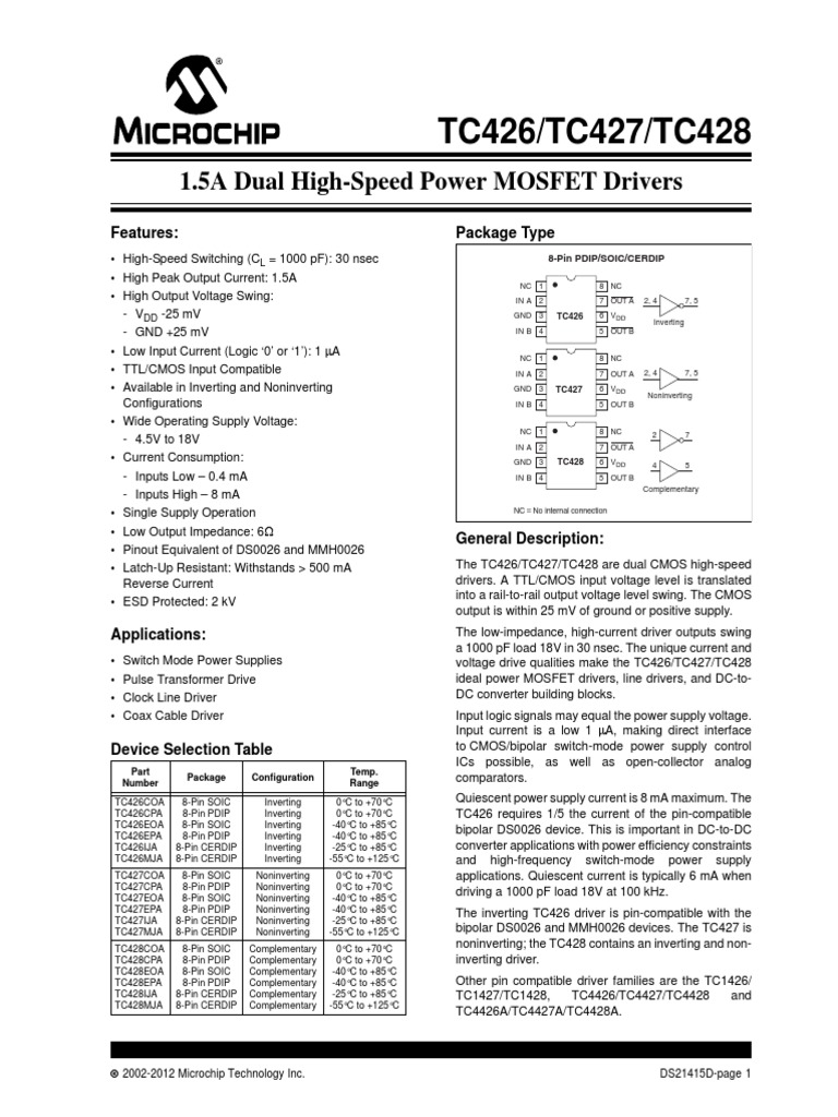 TC426/TC427/TC428: 1.5A Dual High-Speed Power MOSFET Drivers | PDF ...