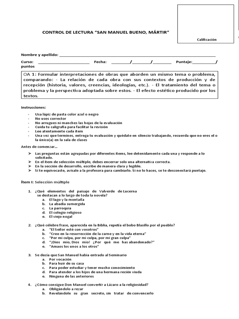Control de Lectura: San Manuel Bueno, Mártir | PDF