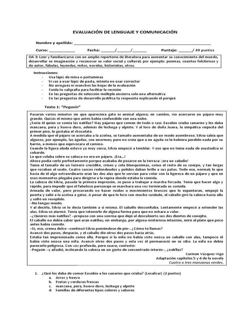 6° Evaluación Comprensión Lectora | PDF