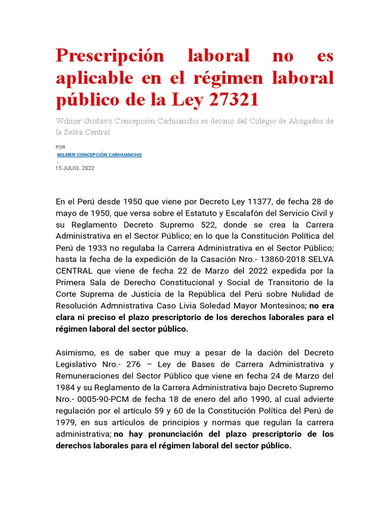 Prescripción Laboral No Es Aplicable en El Régimen Laboral Público de La Ley 27321 | PDF ...