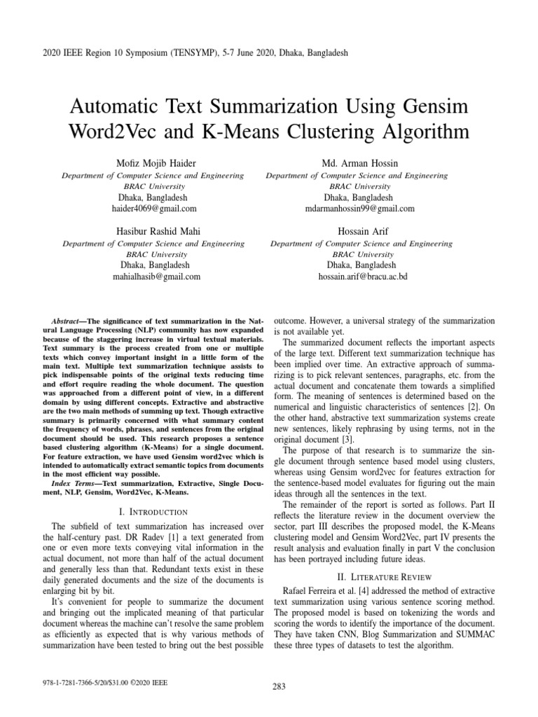 Automatic Text Summarization Using Gensim Word2Vec and K-Means Clustering Algorithm | PDF