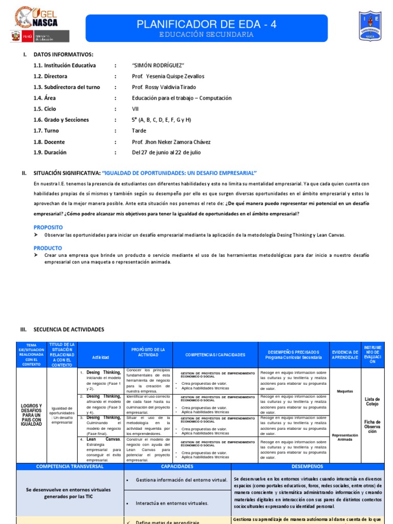 Eda 4 - 5° Grado de Ept - Computacion | PDF | Aprendizaje | Evaluación