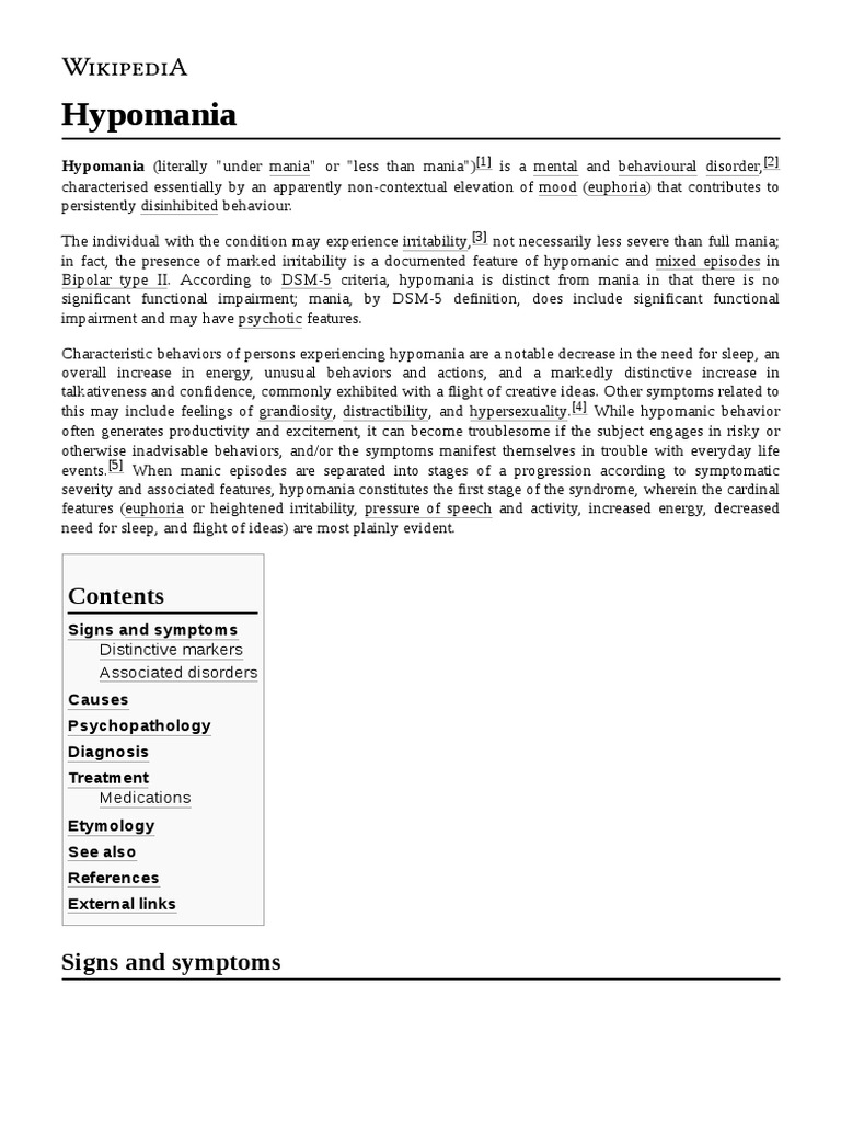 Hypomania: Hypomania (Literally "Under Mania" or "Less Than Mania") | PDF