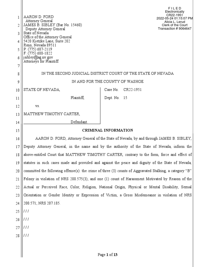 Matthew Carter Criminal Charges | PDF | Harassment | Stalking