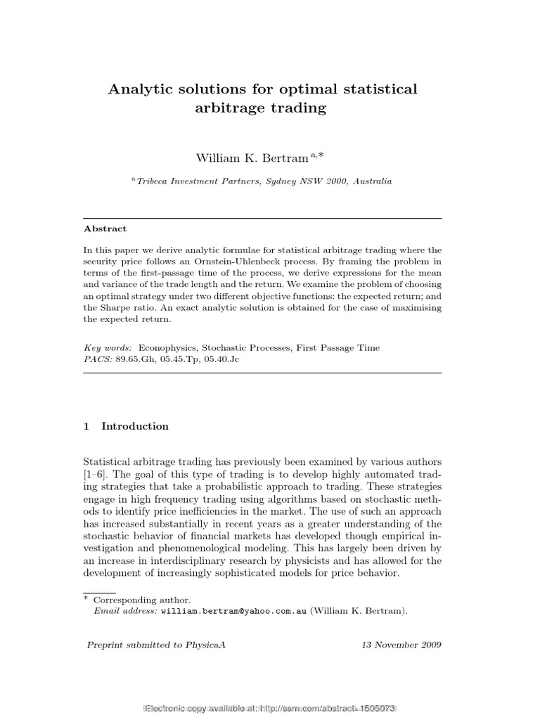 Analytic Solutions For Optimal Statistical Arbitrage Trading | PDF ...
