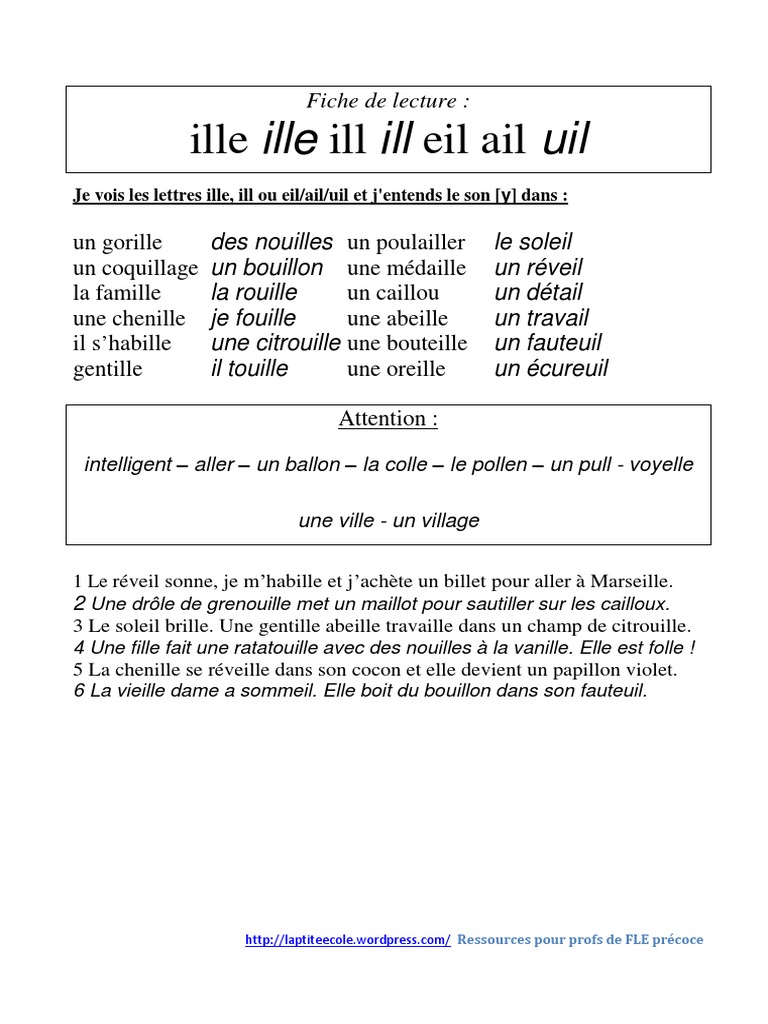 Exercices sur le son "ill" et "eil" | PDF | Arts du langage et discipline