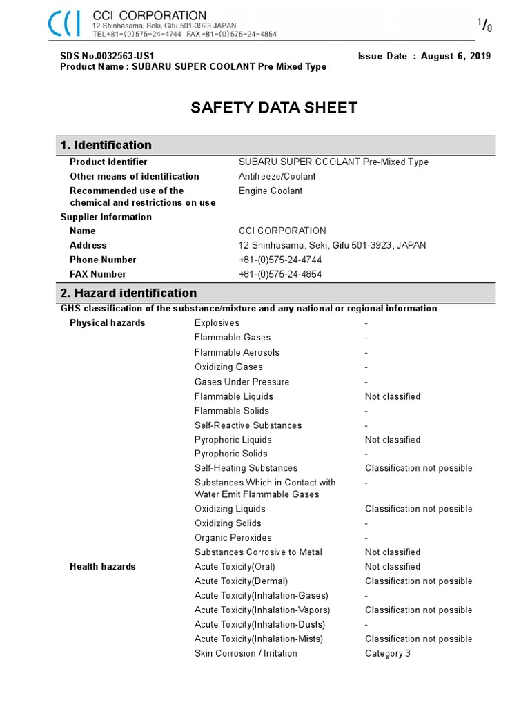 Subaru Super Coolant Safety Data Sheet | PDF | Toxicity | Personal ...