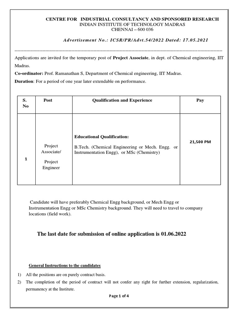 Announcement For The Post of Project Associate or Project Engineer ...