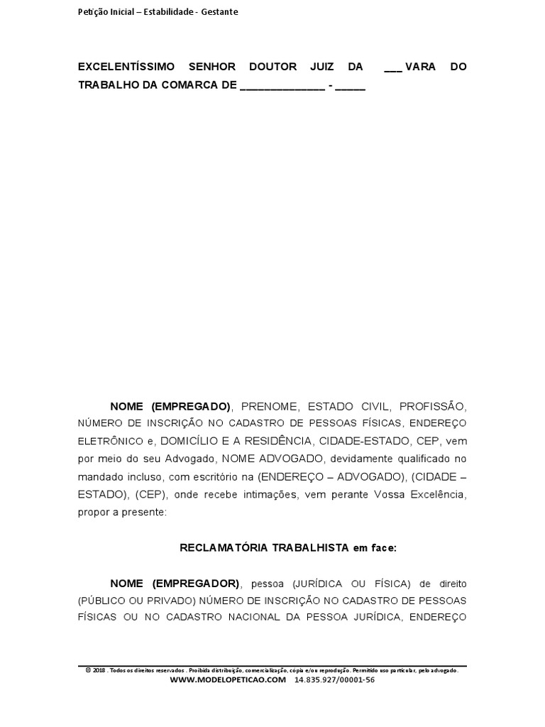 Modelo de Petição Inicial - Ação Trabalhista - Estabilidade - Gestante ...