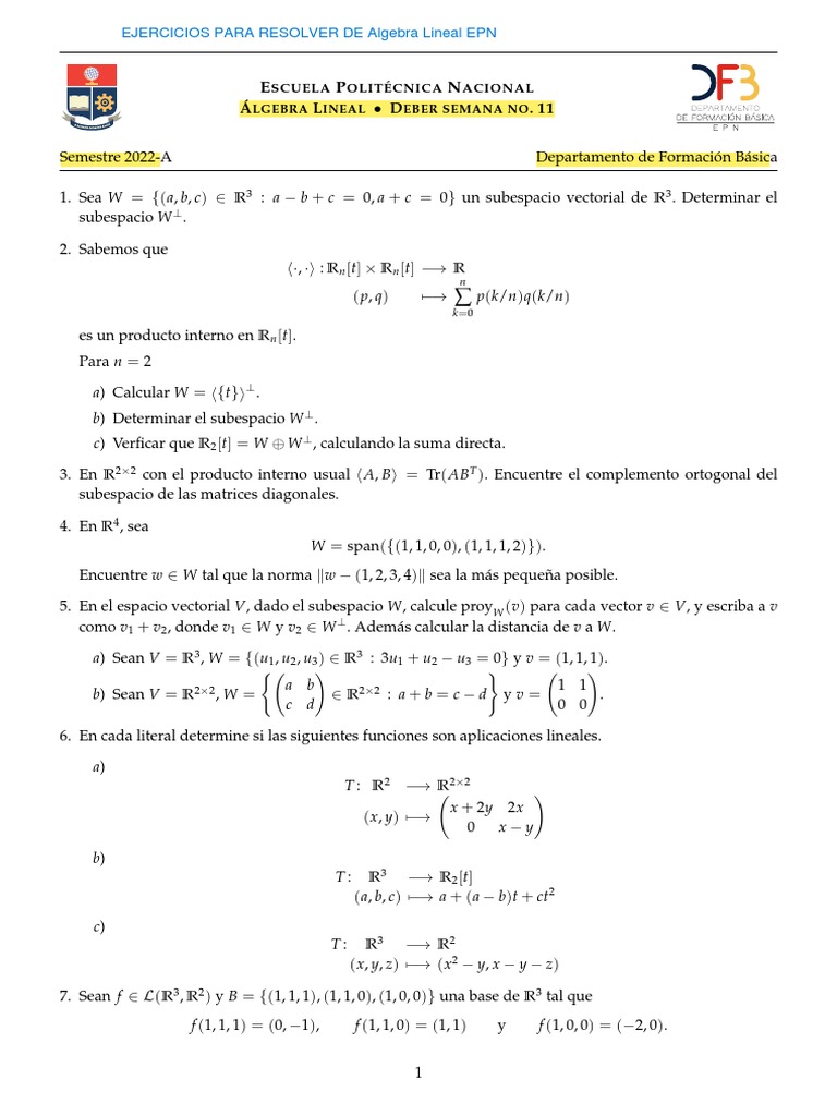 Ejer AL 11 Epn | PDF | Espacio vectorial | Mapa lineal