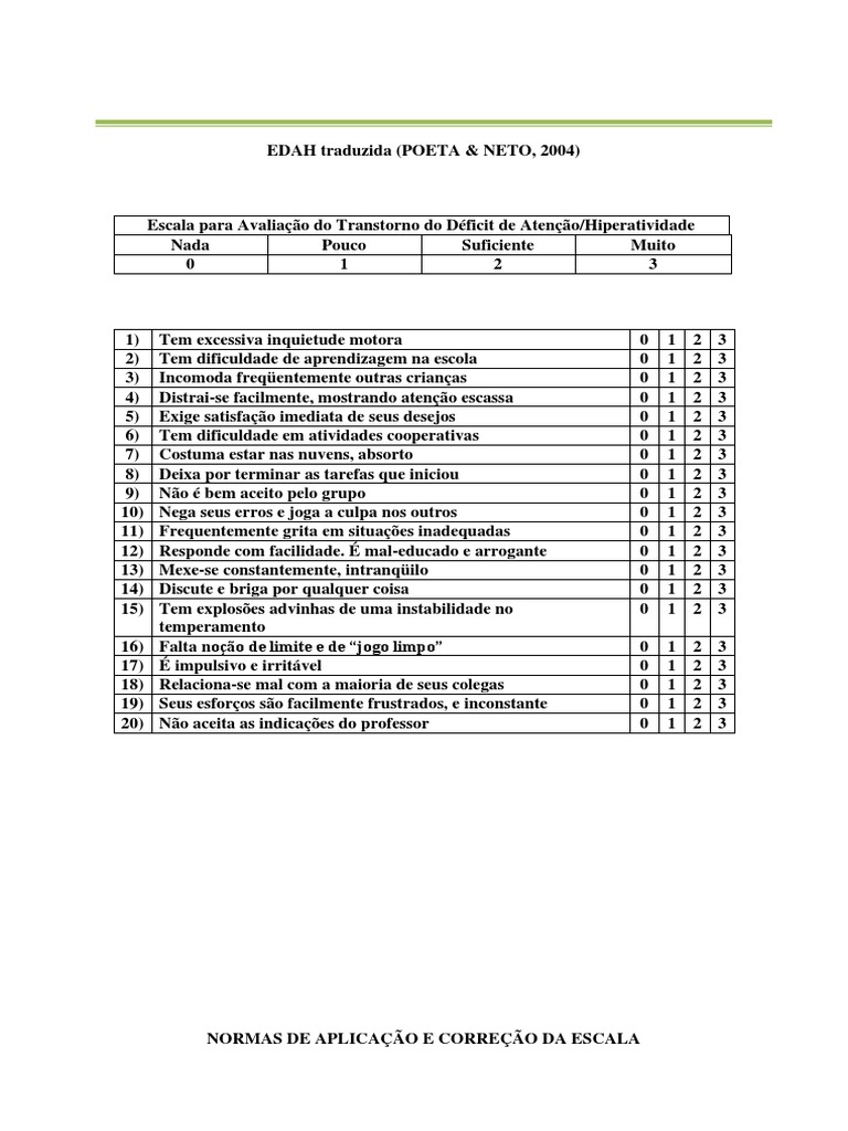 Avaliação - EDAH | PDF | Transtorno de déficit de atenção e ...