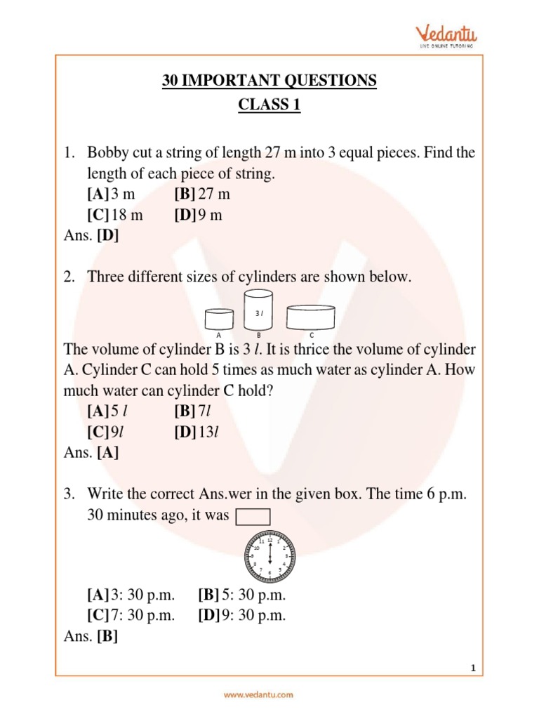 Class 1 Math Questions and Answers | PDF