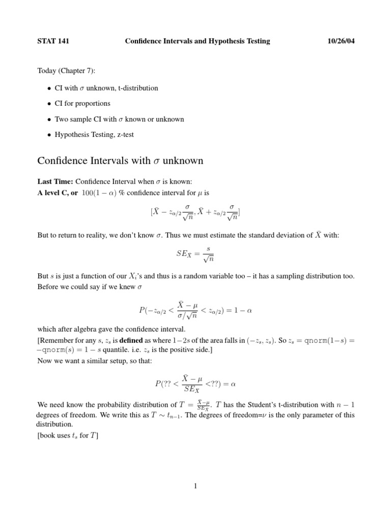 Confidence Intervals with σ unknown | Download Free PDF | Statistical ...